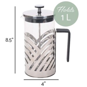 Elanze Designs Chrome 1 Liter Large Glass and Stainless Steel French Press Coffee and Loose Leaf Tea Maker