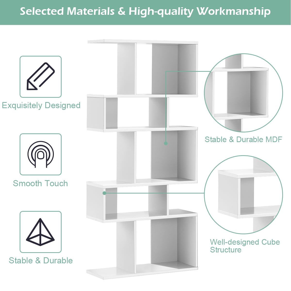 Giantex 5-Tier Geometric Bookshelf White, 70'' Tall Wood Freestanding Decorative Display Open Shelves with Anti-Tipping Device, Each Shelf Holds up to 44 lbs, Wooden S Shaped Bookcase