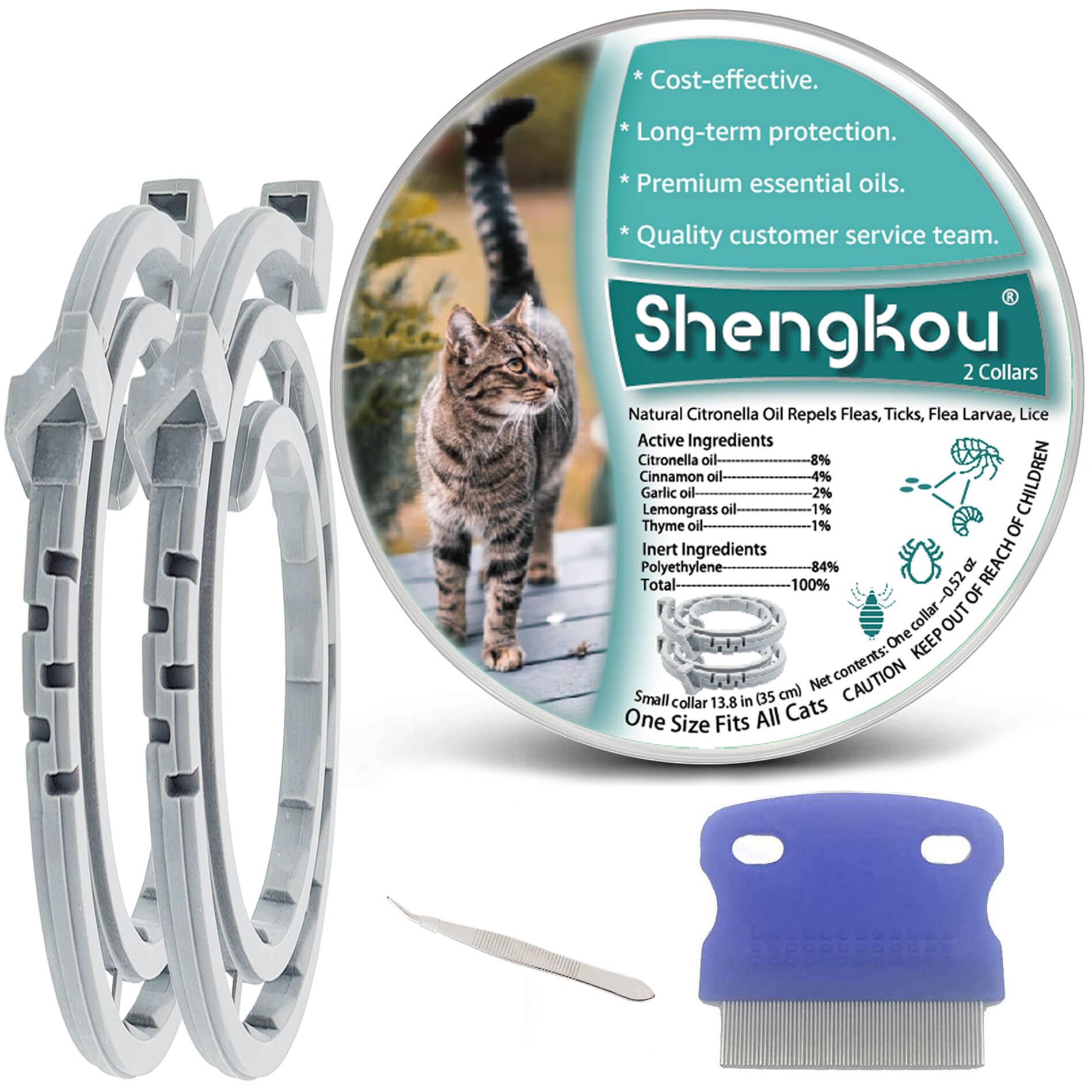 Flea and Tick Collar for Cats - Offers 12-Month Protection, Crafted with Premium Plant Oils, Waterproof, Natural, Safe for Kittens, Includes Free Comb and Tweezers, 13.8 in (2 Packs)