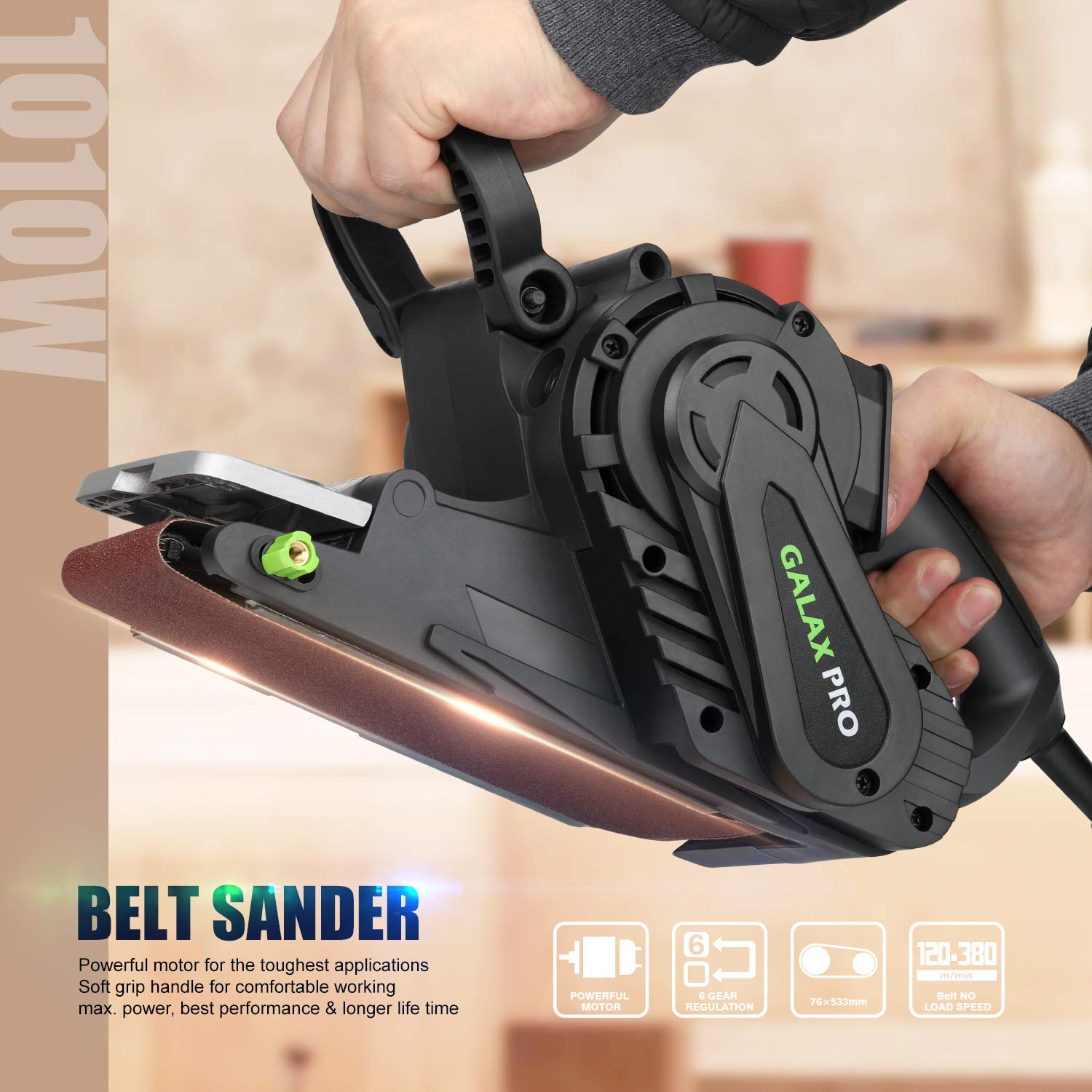 GALAX PRO 8 Amperes Belt Sander 120-380RPM with Variable Speed Settings, 5 Pieces Sanding Belts(3x21 Inch) and Dust Bag for Stock Removal