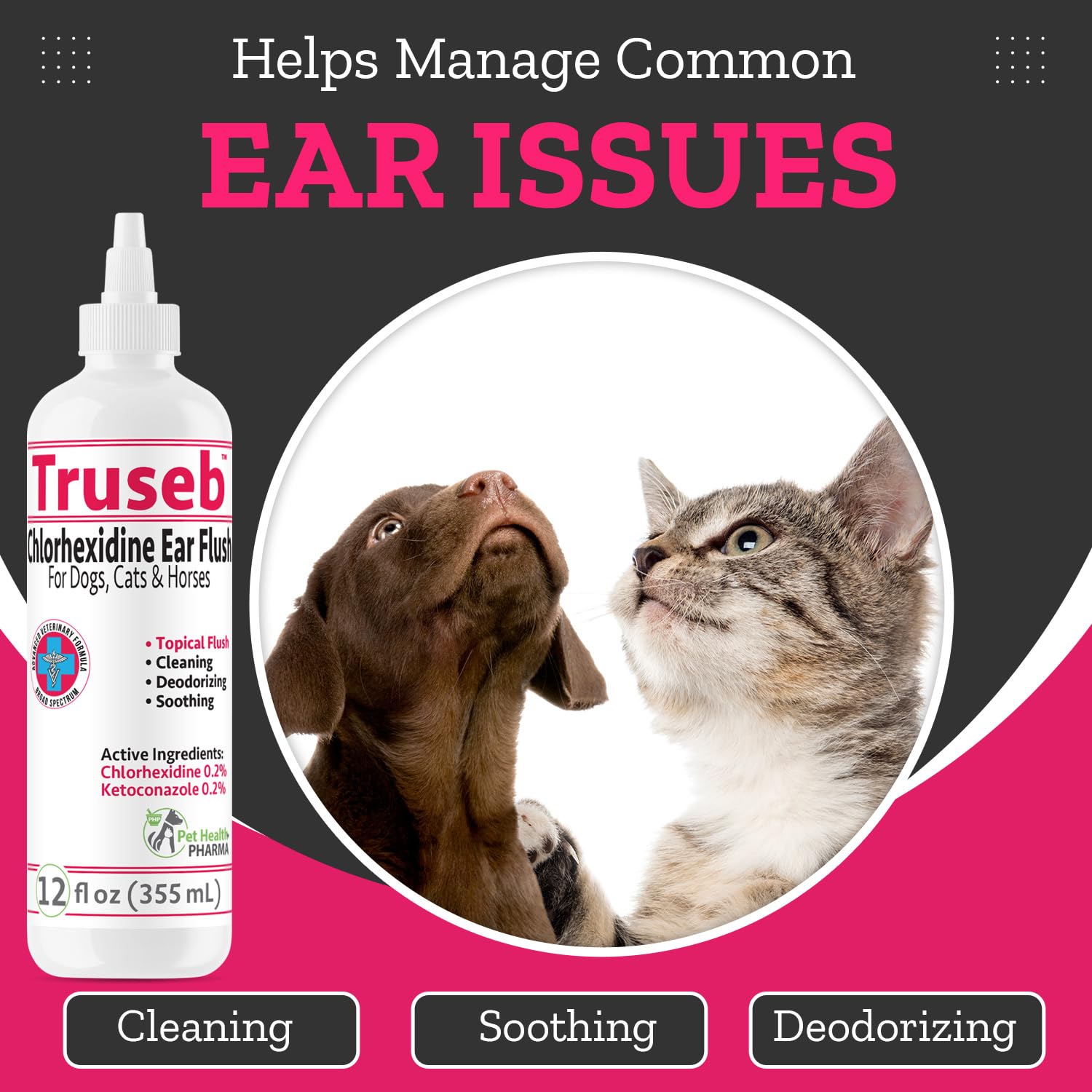 All Natural Ear Flush for Dogs & Cats, Ketoconazole & Chlorhexidine Ear Flush and Vet-Strength Ear wash with a Light Scent (USA) (Ketoconazole & Chlorhexidine Ear Flush, 12 oz)