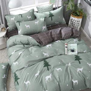 Omelas Kids Sage Green Duvet Cover Set Queen Size Christmas Cartoon Animal Elk Deer Tree Printed Bedding with Black Rectangle Plaid 3 Pieces Soft Microfiber Comforter Cover for Girls Boys (SLXL,Q)