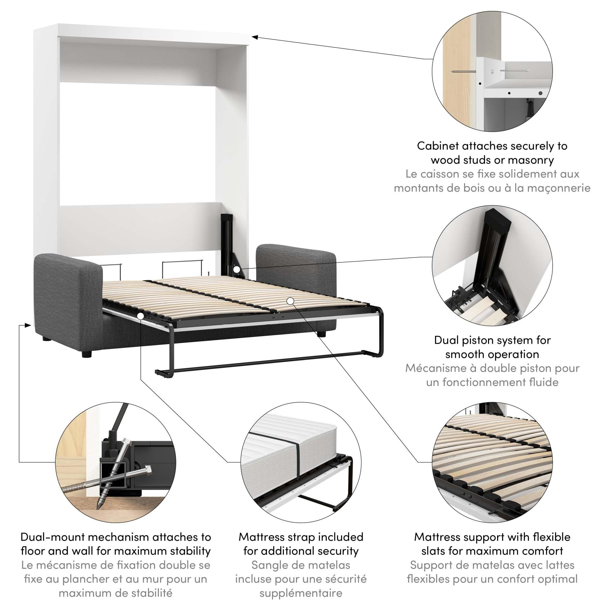 Bestar Nebula Full Murphy Bed with Sofa, 73-inch Space-Saving Sleeping Arrangement for Multipurpose Guest Room