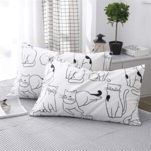 LAYENJOY Cats Duvet Cover Set Twin, 100% Cotton Bedding, Various Cartoon Cats Pattern Printed on White Reversible Black Plaid, Cute Animal Comforter Cover for Kids Teens Boys Girls, No Comforter