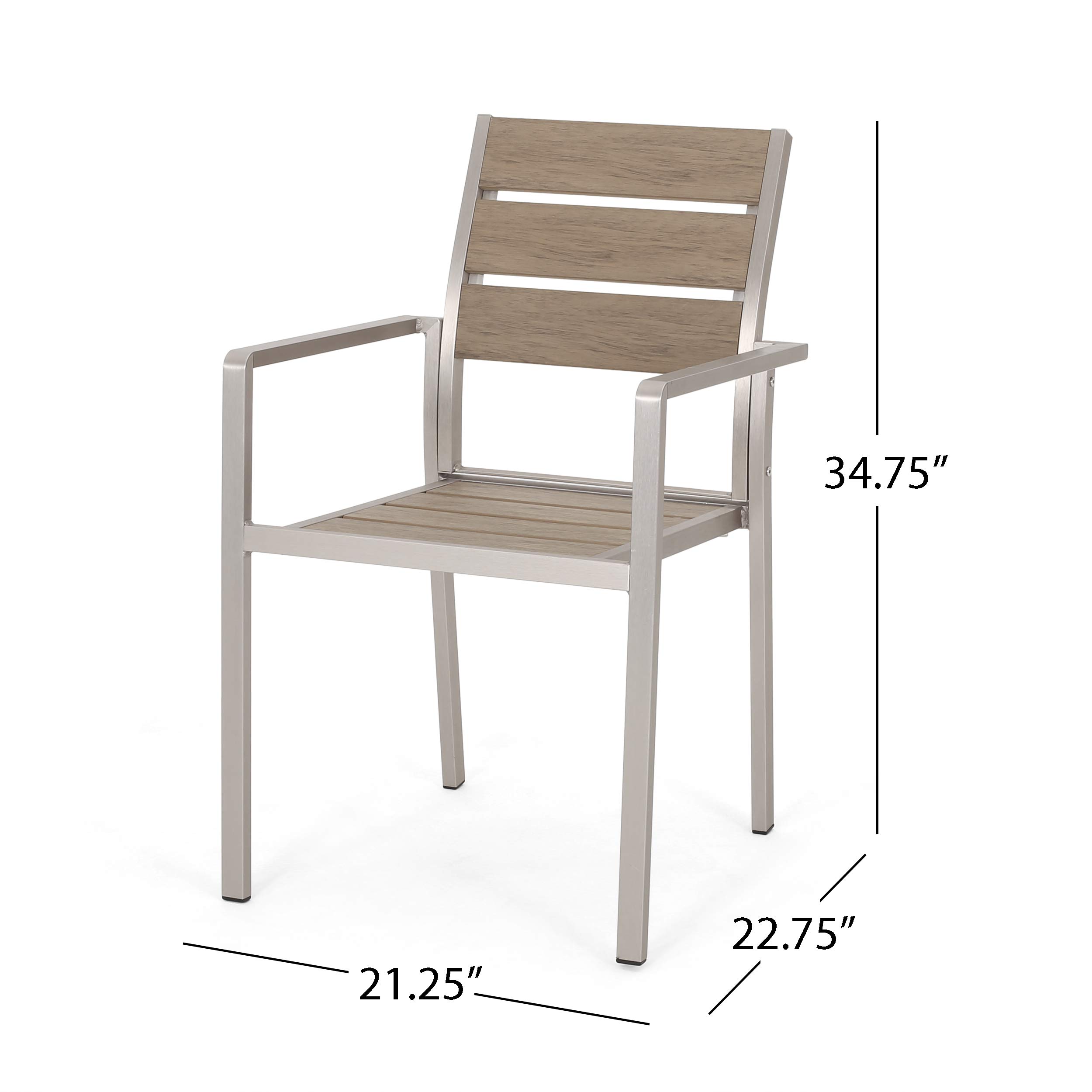 GDFStudio Outdoor Modern Aluminum Dining Chair with Faux Wood Seat (Set of 2), Natural and Silver