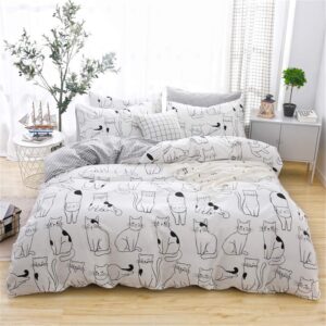 LAYENJOY Cats Duvet Cover Set Twin, 100% Cotton Bedding, Various Cartoon Cats Pattern Printed on White Reversible Black Plaid, Cute Animal Comforter Cover for Kids Teens Boys Girls, No Comforter