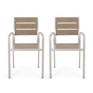 gdfstudio outdoor modern aluminum dining chair with faux wood seat (set of 2), natural and silver