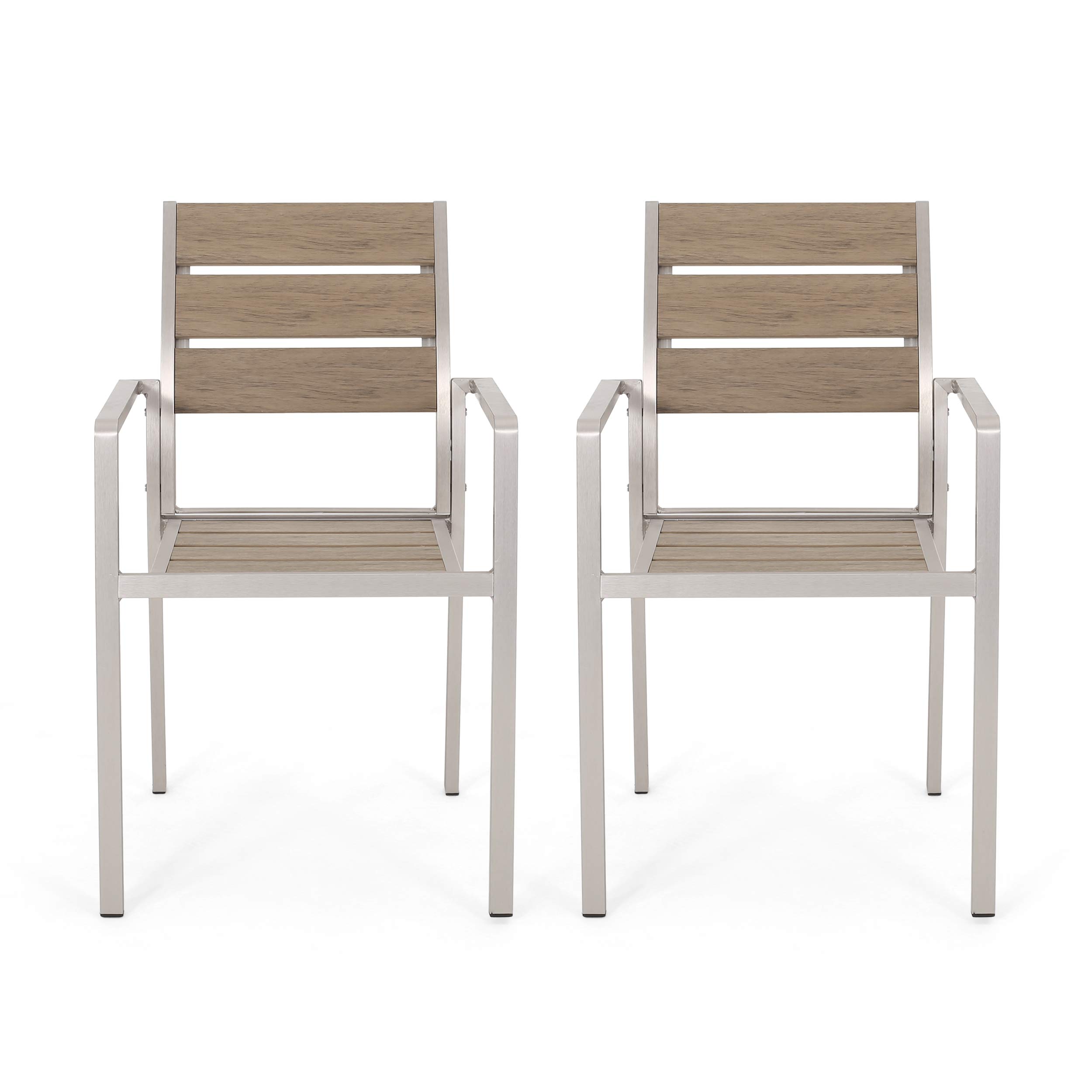 GDFStudio Outdoor Modern Aluminum Dining Chair with Faux Wood Seat (Set of 2), Natural and Silver