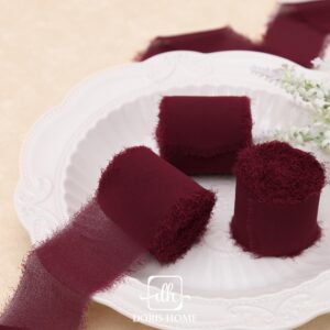 DORIS HOME 3 Rolls 2" x7Yd Fringe Chiffon Ribbon for Flower Bouquet, Handmade Burgundy Ribbon for Gift Wrapping, Frayed Edge Ribbon for Crafts, Decorating, Bouquet Wrap, Wedding Invitation