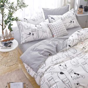 LAYENJOY Cats Duvet Cover Set Twin, 100% Cotton Bedding, Various Cartoon Cats Pattern Printed on White Reversible Black Plaid, Cute Animal Comforter Cover for Kids Teens Boys Girls, No Comforter