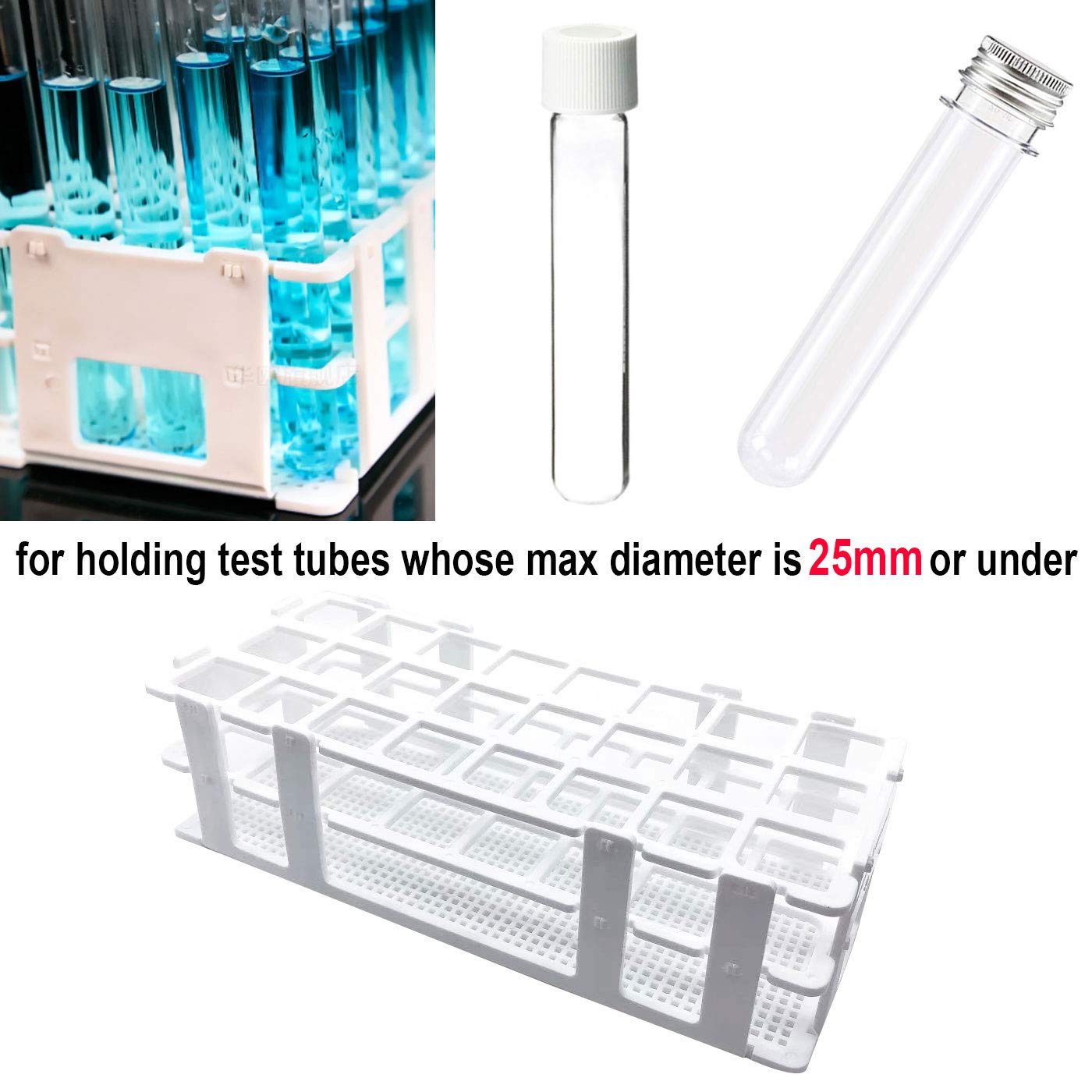 Luckkyme Plastic Test Tube Rack 2 Pack 24 Holes Lab Test Tube Rack Holder for 25mm and Below The Test Tubes, Detachable, White