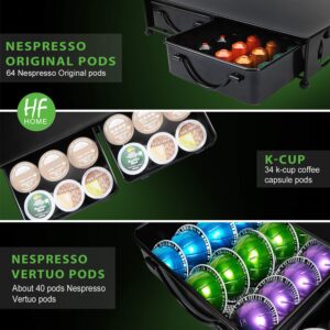 Coffee Vertuo Pod Holder, Capsules Stand Storage Drawer for K Cup Holders, Pod Holders Station for Counter Organizer for K-Cup Pods, Nespresso OriginalLine, Teabags Home Kitchen Bar -Black Metal