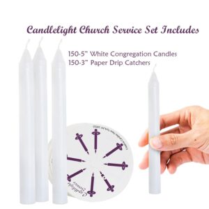 Howemon 150 Church Candles with Drip Protectors for Devotional Candlelight Vigil Service, Box of 150 Candles, Unscented White 5" H X 1/2" D, No Smoke