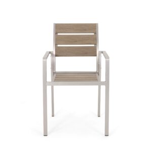 GDFStudio Outdoor Modern Aluminum Dining Chair with Faux Wood Seat (Set of 2), Natural and Silver