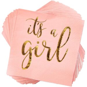 sparkle and bash 50 pack it's a girl napkins for baby shower - gold foil party supplies (3 ply, 5x5 in) - baby girl napkins - baby shower napkins - its a girl cocktail napkins