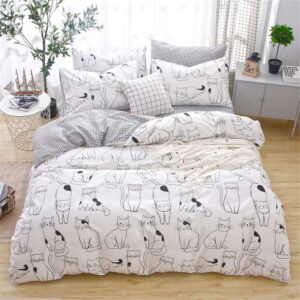 LAYENJOY Cats Duvet Cover Set Twin, 100% Cotton Bedding, Various Cartoon Cats Pattern Printed on White Reversible Black Plaid, Cute Animal Comforter Cover for Kids Teens Boys Girls, No Comforter