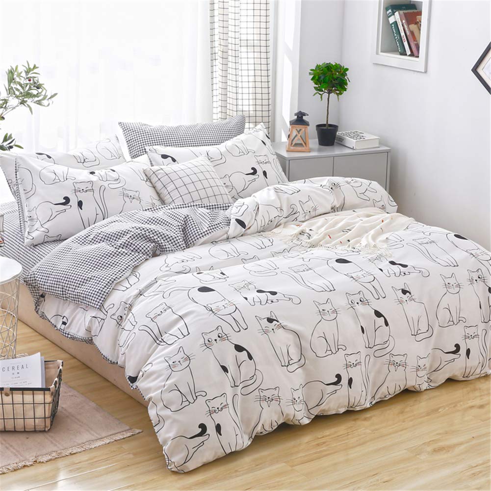 LAYENJOY Cats Duvet Cover Set Twin, 100% Cotton Bedding, Various Cartoon Cats Pattern Printed on White Reversible Black Plaid, Cute Animal Comforter Cover for Kids Teens Boys Girls, No Comforter