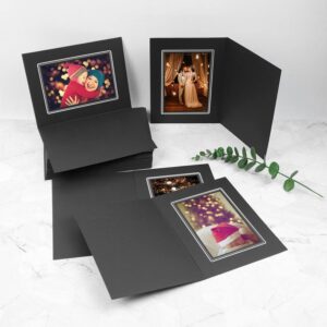 Golden State Art, Pack of 25, 4x6 Photo Folders, Cardboard Picture Frame, Paper Photo Frame Cards, Greetings/Invitation Cards, Special Events: Graduation, Christmas, Wedding(Black with Silver Lining)