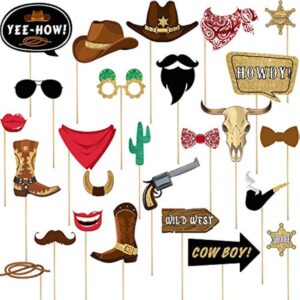 blulu 26 pieces west cowboy photo booth props kit, cowgirl western party decorations selfie props for western cowboy theme party favors supplies (cowboy)