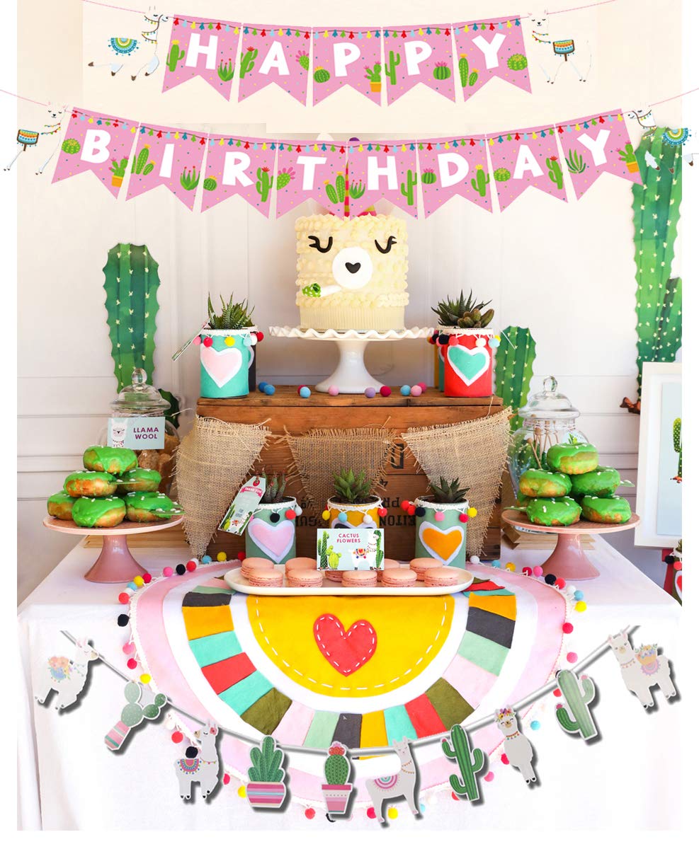 Llama Cactus Happy Birthday Banner Garland Decoration Set of 2 for Baby Shower Cino De Mayo Mexican Fiesta Centerpieces Party Graduation Supplies Hawaii Kids Llama Cactus Themed Party