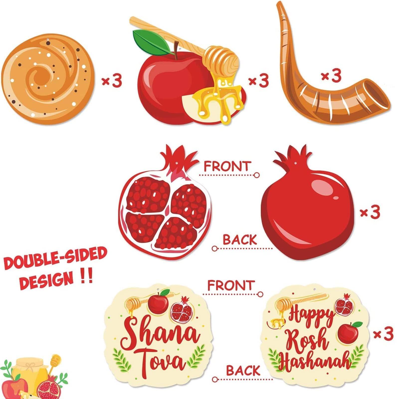 Yaaaaasss! 30PCS Jewish New Year Hanging Swirl Decorations Rosh Hashanah Greeting Shana Tova Hanging Decor Double-Sided Shofar Honey Apple Pomegranate Bread Jewish Holiest Day Celebration Supplies