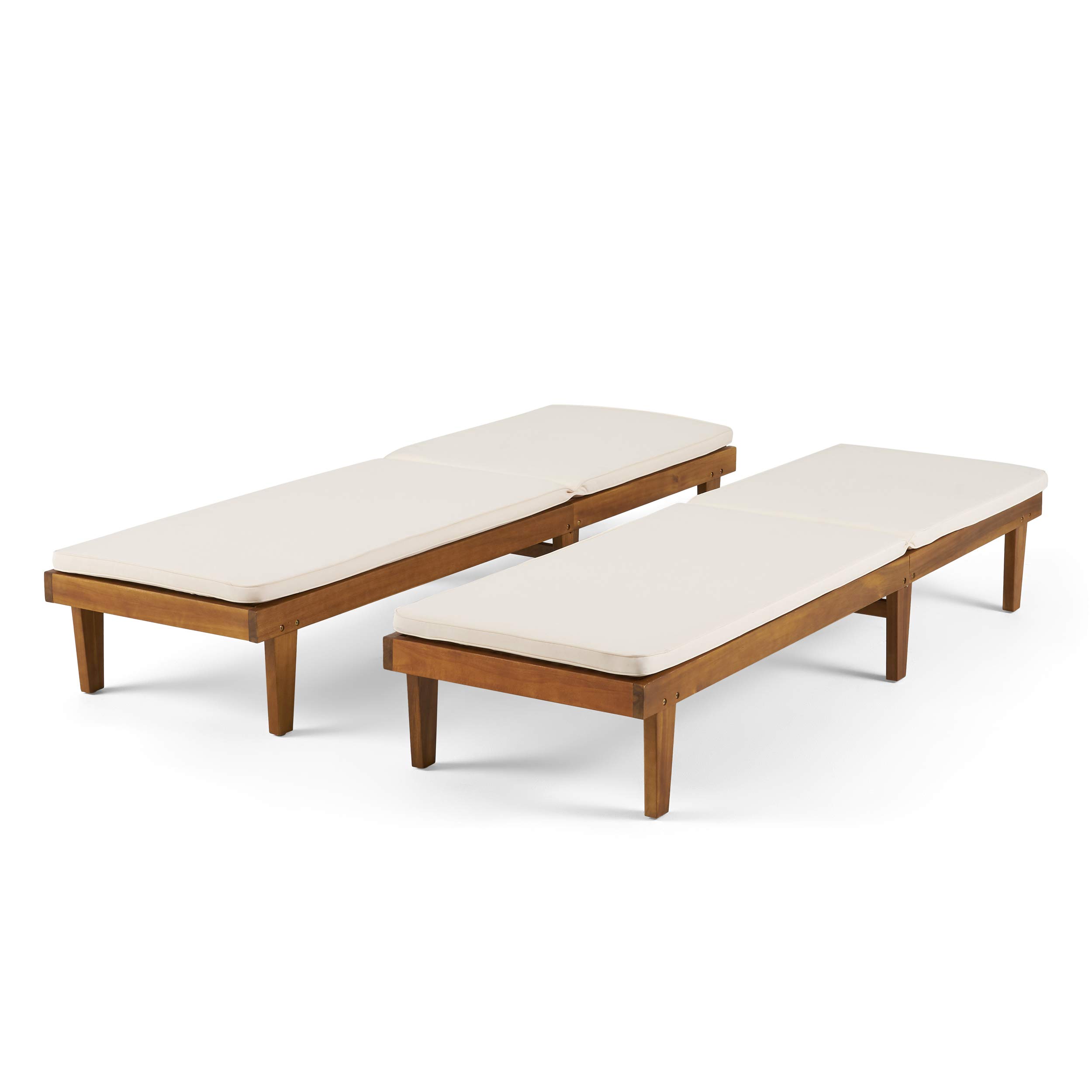 GDFStudio Oudoor Modern Acacia Wood Chaise Lounge with Cushion (Set of 2), and Cream