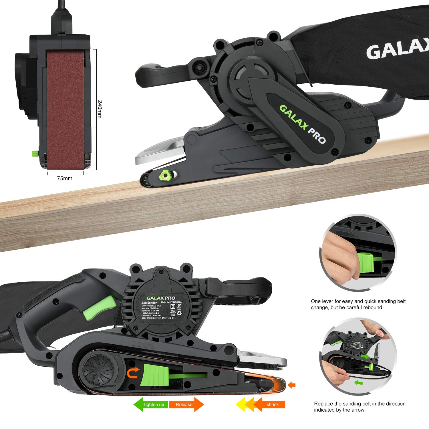 GALAX PRO 8 Amperes Belt Sander 120-380RPM with Variable Speed Settings, 5 Pieces Sanding Belts(3x21 Inch) and Dust Bag for Stock Removal