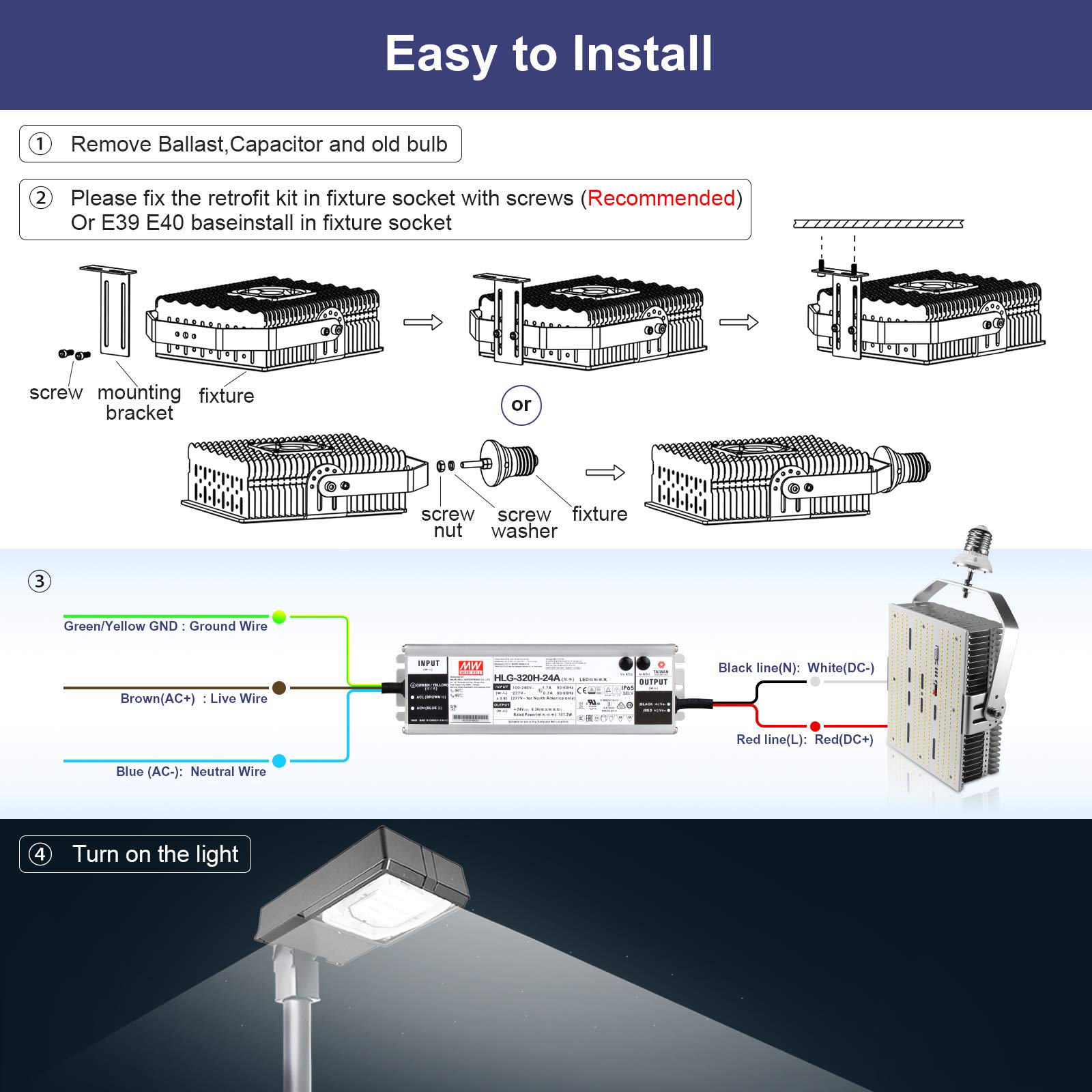 OPENLUX LED Shoebox Retrofit Kit 300W 43500LM E39 Mogul Base ETL DLC Listed 5000K LED Retrofit Light for Parking Lot Lights Tennis Court LED Module AC100-277V