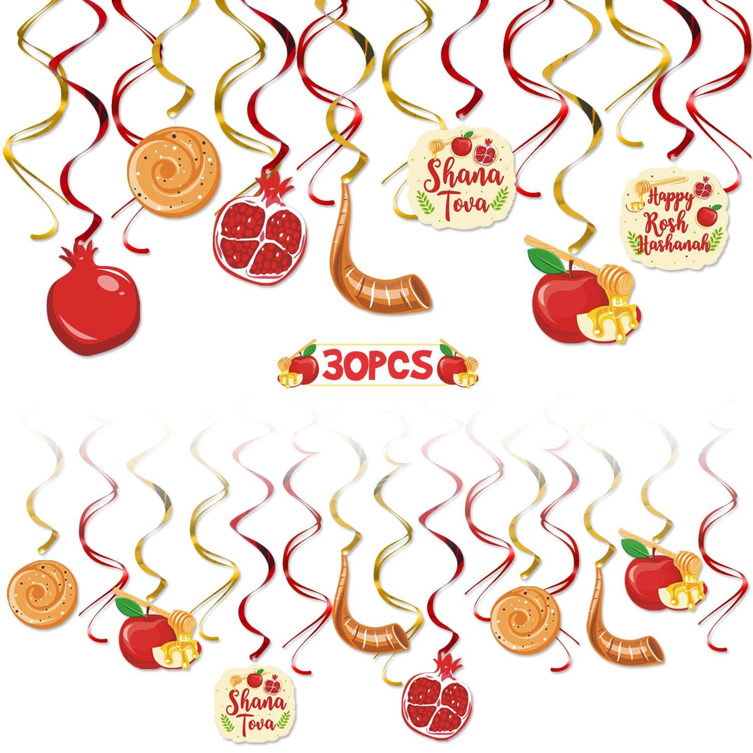 Yaaaaasss! 30PCS Jewish New Year Hanging Swirl Decorations Rosh Hashanah Greeting Shana Tova Hanging Decor Double-Sided Shofar Honey Apple Pomegranate Bread Jewish Holiest Day Celebration Supplies