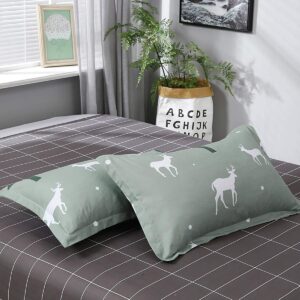 Omelas Kids Sage Green Duvet Cover Set Queen Size Christmas Cartoon Animal Elk Deer Tree Printed Bedding with Black Rectangle Plaid 3 Pieces Soft Microfiber Comforter Cover for Girls Boys (SLXL,Q)