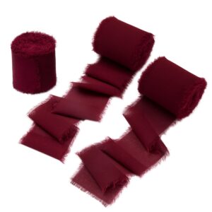 doris home 3 rolls 2" x7yd fringe chiffon ribbon for flower bouquet, handmade burgundy ribbon for gift wrapping, frayed edge ribbon for crafts, decorating, bouquet wrap, wedding invitation