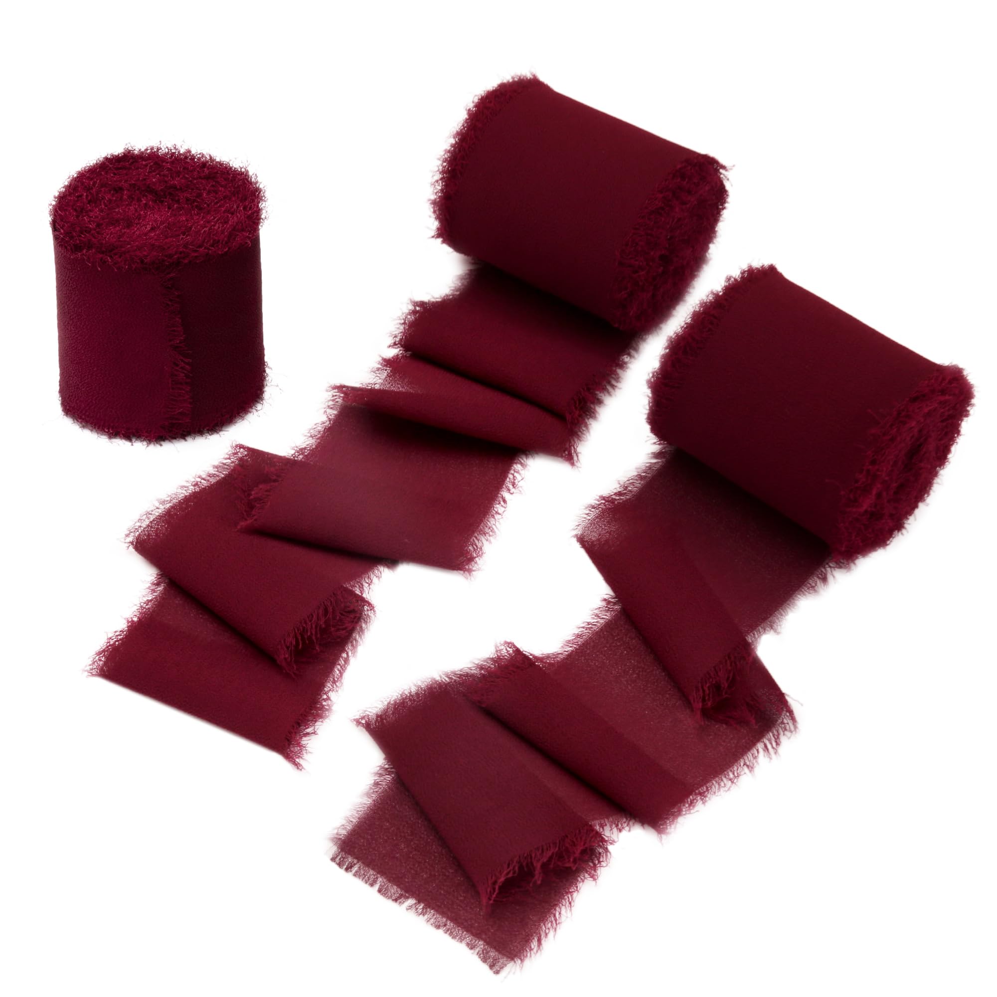 DORIS HOME 3 Rolls 2" x7Yd Fringe Chiffon Ribbon for Flower Bouquet, Handmade Burgundy Ribbon for Gift Wrapping, Frayed Edge Ribbon for Crafts, Decorating, Bouquet Wrap, Wedding Invitation