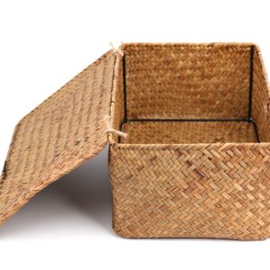 Yesland Handwoven Seagrass Rattan Storage Basket - 11.5'' x 7.5'' x 5'' - Brown Rectangular Makeup Organizer Container with Lid, Perfect for Decoration, Picnic, Groceries and Toy Storage