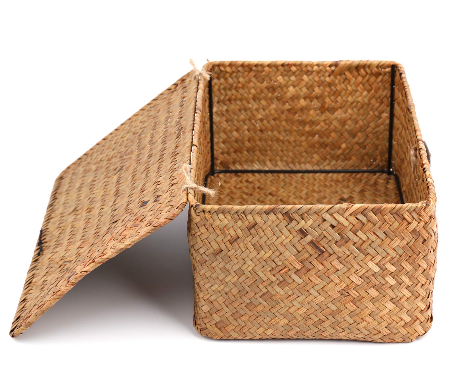 Yesland Handwoven Seagrass Rattan Storage Basket - 11.5'' x 7.5'' x 5'' - Brown Rectangular Makeup Organizer Container with Lid, Perfect for Decoration, Picnic, Groceries and Toy Storage