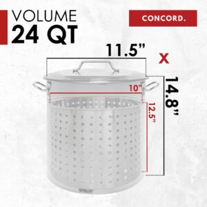 CONCORD Stainless Steel Stock Pot w/Steamer Basket. Cookware great for boiling and steaming (24 Quart)