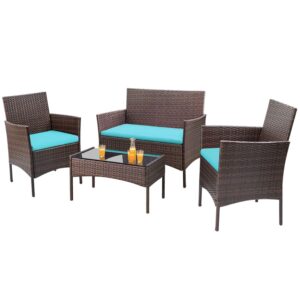 homall 4 pieces patio rattan chair wicker, outdoor indoor use backyard porch garden poolside balcony furniture sets (blue)