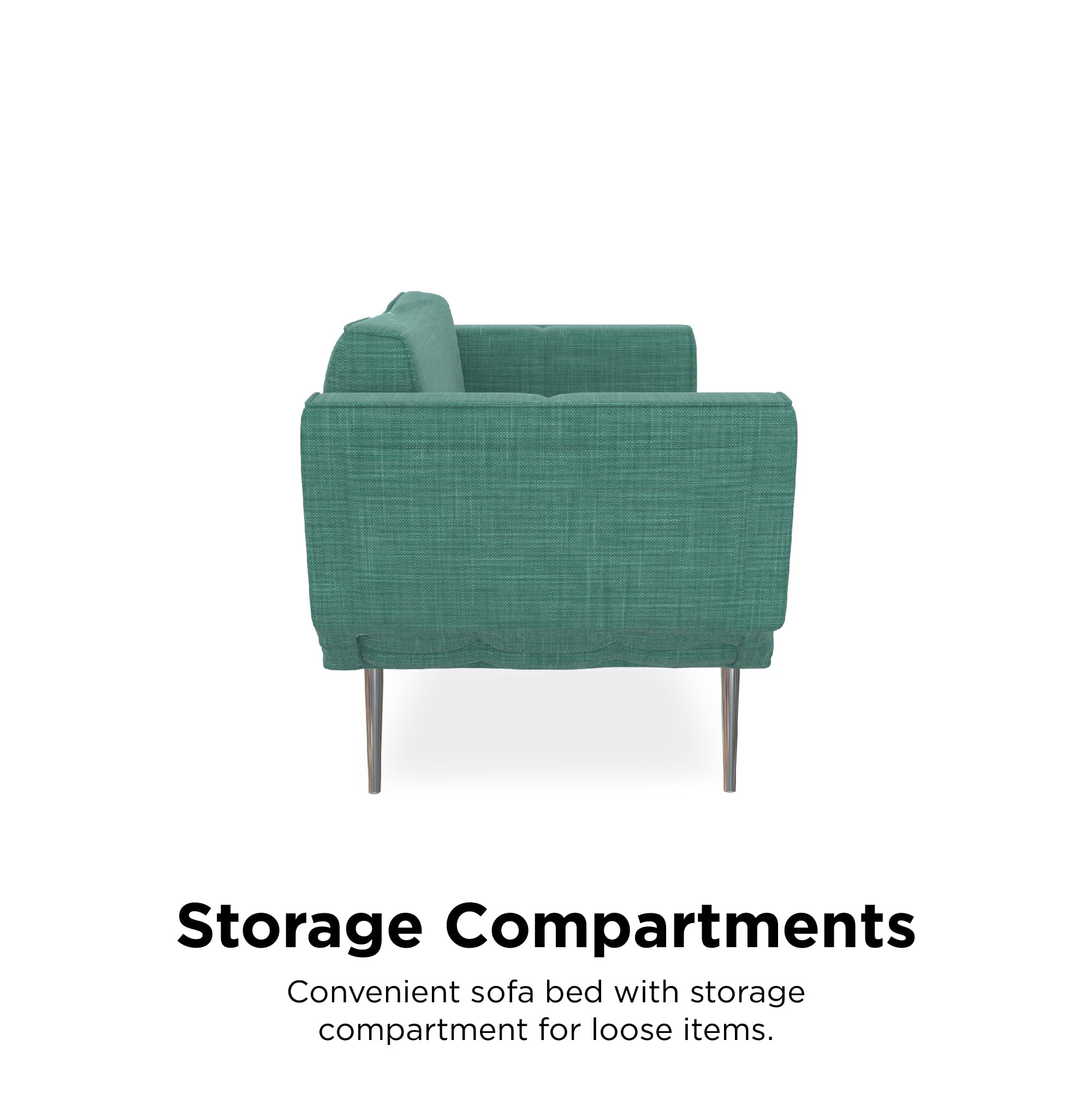 Novogratz Leyla Loveseat with Magazine Storage, Adjustable Sofa Bed Armrests to Convert into a Couch Sleeper, Teal Futon