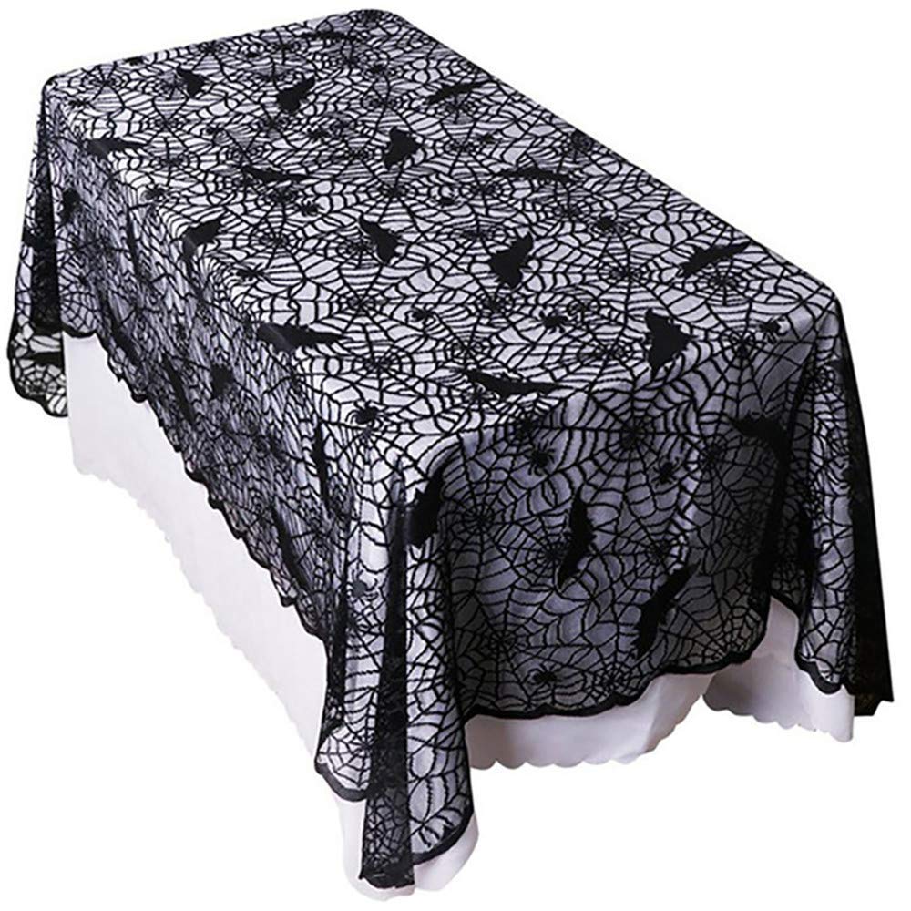 Rectangular Halloween Tablecloth, Halloween Bat Spider Web Tablecloth Decor, Black Lace Tablecloth Bat Cobweb Table Cover for Halloween Party Décor Dinner Spooky Meals Decoration, 60" x 104"