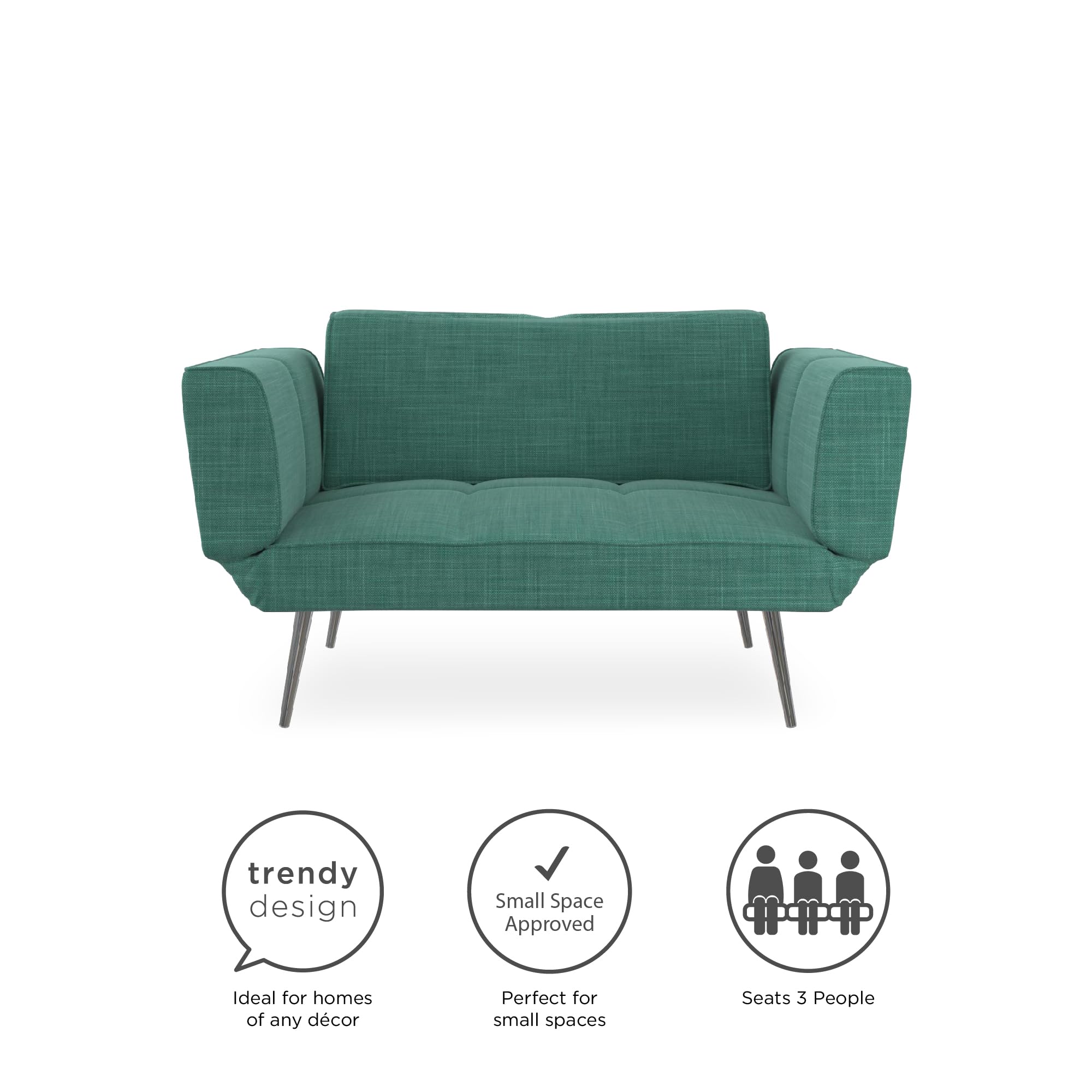 Novogratz Leyla Loveseat with Magazine Storage, Adjustable Sofa Bed Armrests to Convert into a Couch Sleeper, Teal Futon