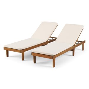 gdfstudio oudoor modern acacia wood chaise lounge with cushion (set of 2), and cream