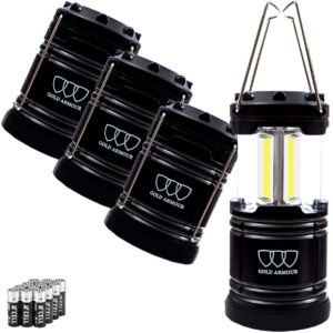 gold armour led camping lantern, battery powered led lanterns, 500 lumens, survival kits for power outages, hurricane, emergency, portable lights gear, alkaline batteries included (4pack black)