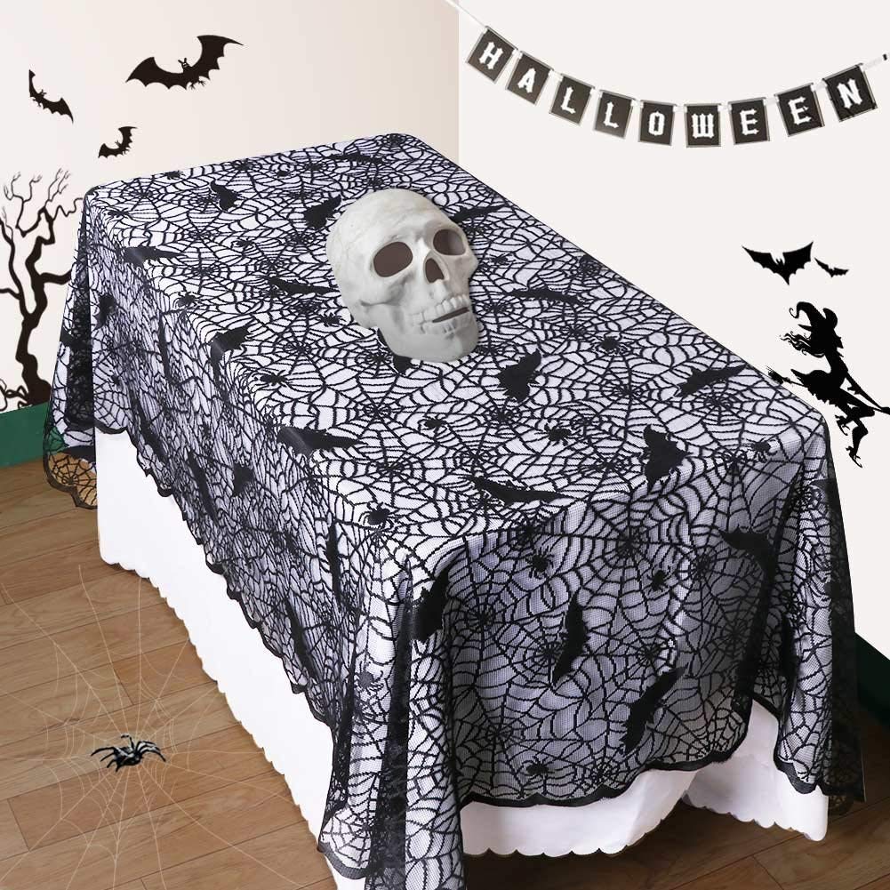 Rectangular Halloween Tablecloth, Halloween Bat Spider Web Tablecloth Decor, Black Lace Tablecloth Bat Cobweb Table Cover for Halloween Party Décor Dinner Spooky Meals Decoration, 60" x 104"