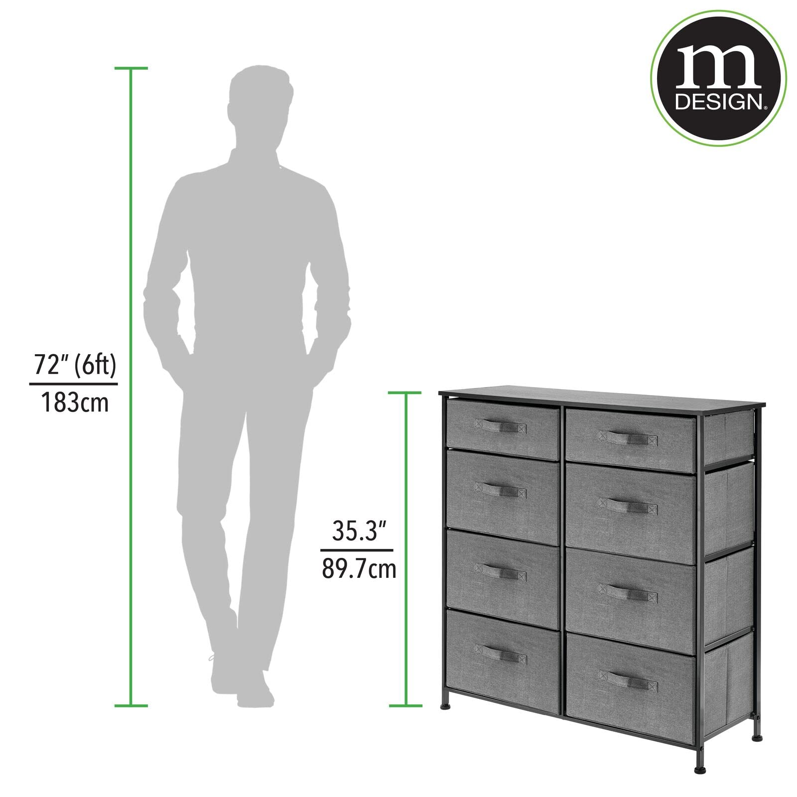 mDesign 35.3" High Steel Frame/Wood Top Storage Dresser Furniture Unit, 8 Removable Slim Fabric Drawers - Tall Bureau Organizer for Bedroom, Living Room, Closet - Lido Collection, Charcoal Gray