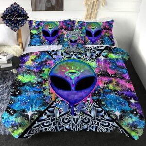 sleepwish trippy alien by brizbazaar comforter set hippie full size set colorful psychedelic bedding neon alien bed set outer space tie dye bedspread for teens boys girls (full, blue, 4 pieces)