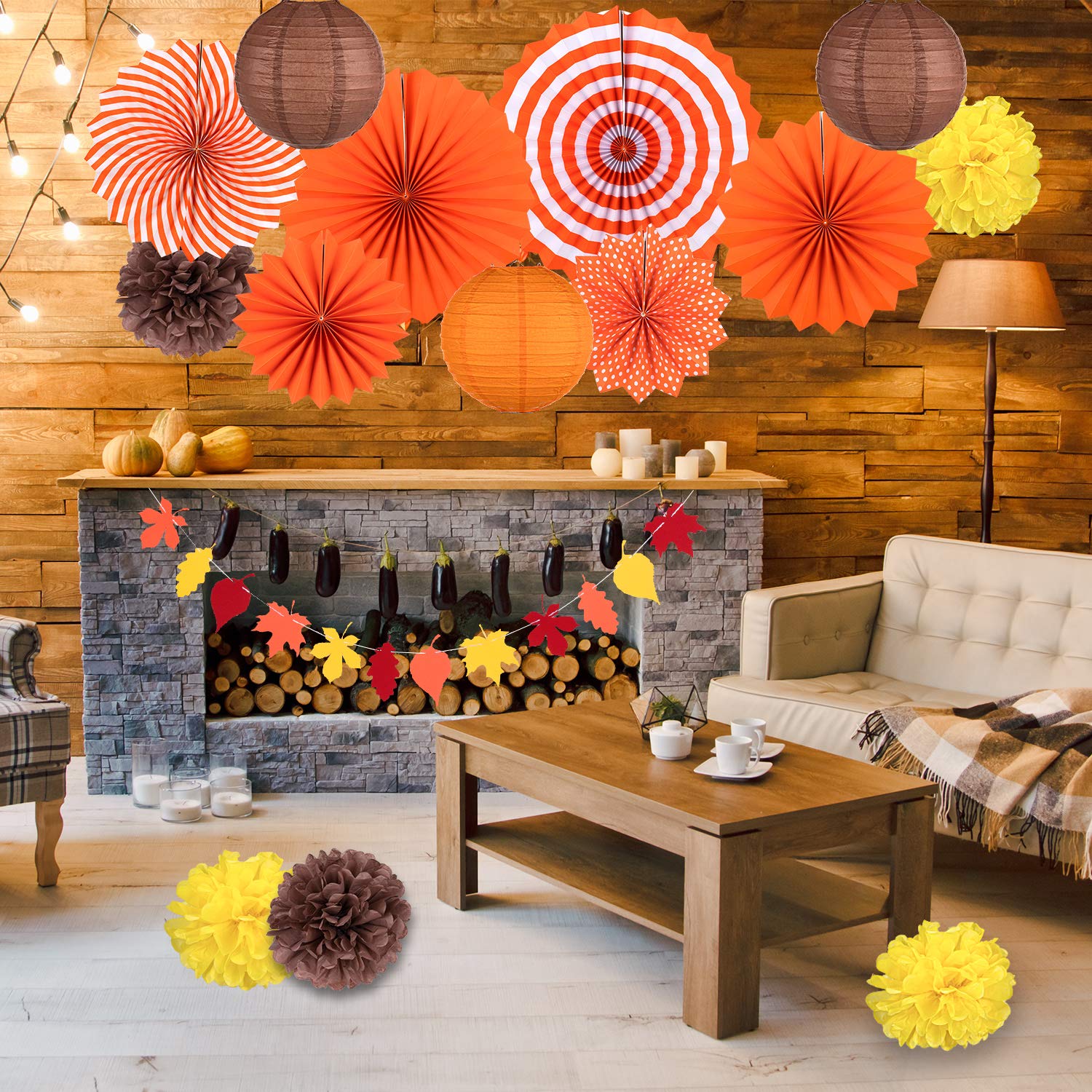 Whaline Fall Thanksgiving Tissue Pom Poms Fall Party Decorations Orange Hanging Paper Fans Flower Pompoms Paper Lantern Maple Leaves Bunting Garland Banner for Birthday Wedding Party Decor, 16Pcs