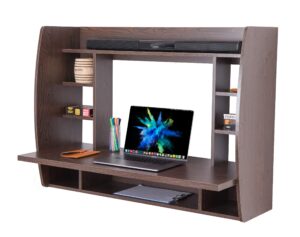 basicwise wall mount laptop office desk with shelves, brown,