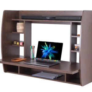 Basicwise Wall Mount Laptop Office Desk with Shelves, Brown,