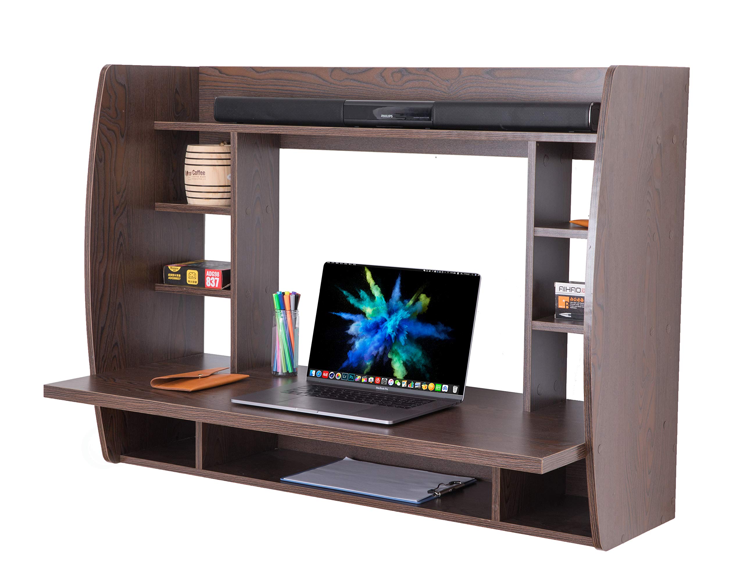 Basicwise Wall Mount Laptop Office Desk with Shelves, Brown,