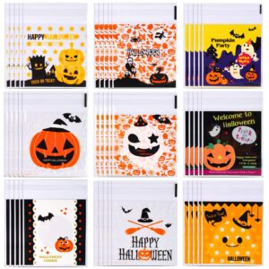 kolewo4ever 300pcs halloween cellophane bags halloween candy bags holiday clear treat bags self-adhesive candy cookie bags gift cello bags (color set 3)