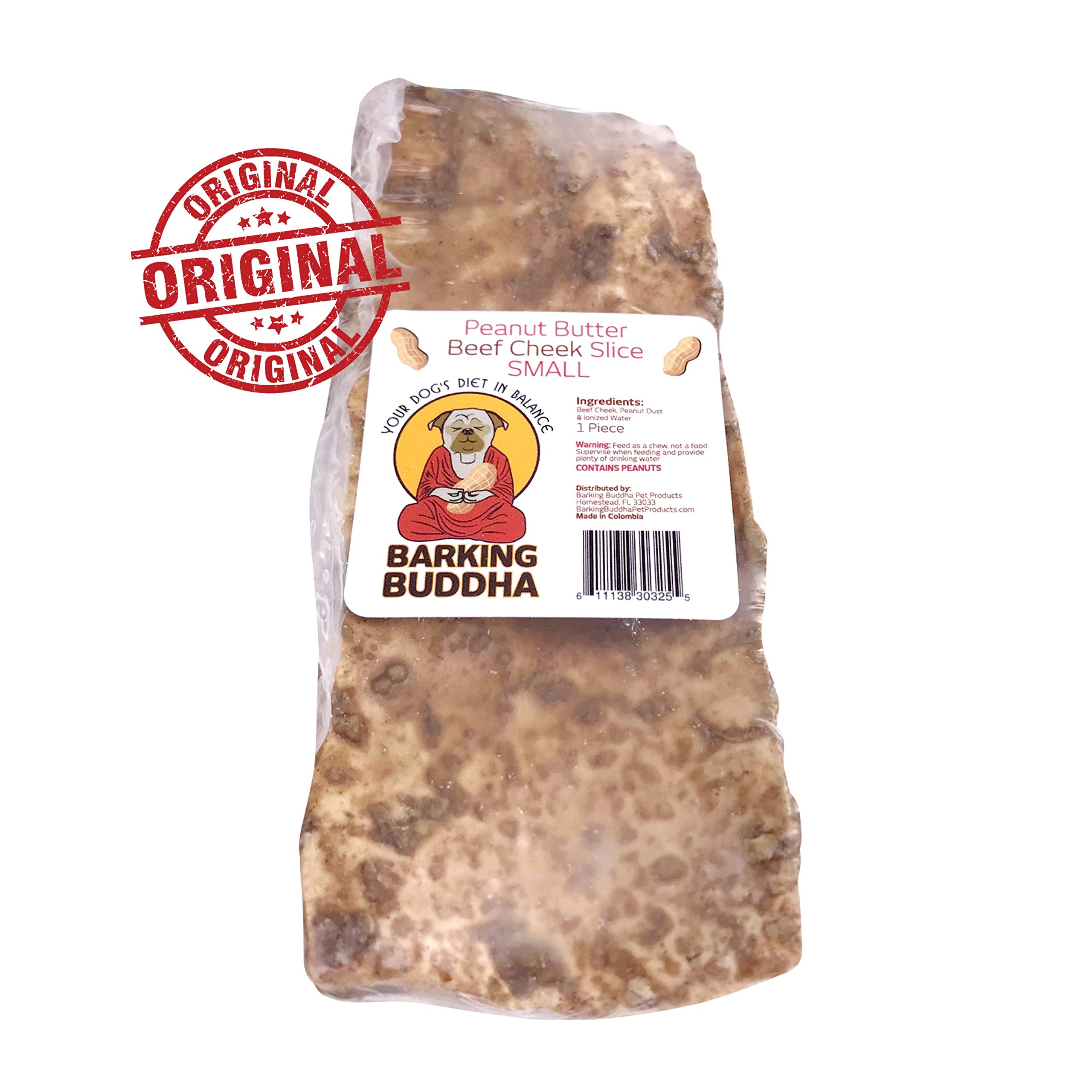 Barking Buddha Beef Cheek Slices | Premium Dog Chews | Extra Thick, All Natural, No Additives, Gluten Free | Peanut Butter - Small 5”-6” - 15 Pack